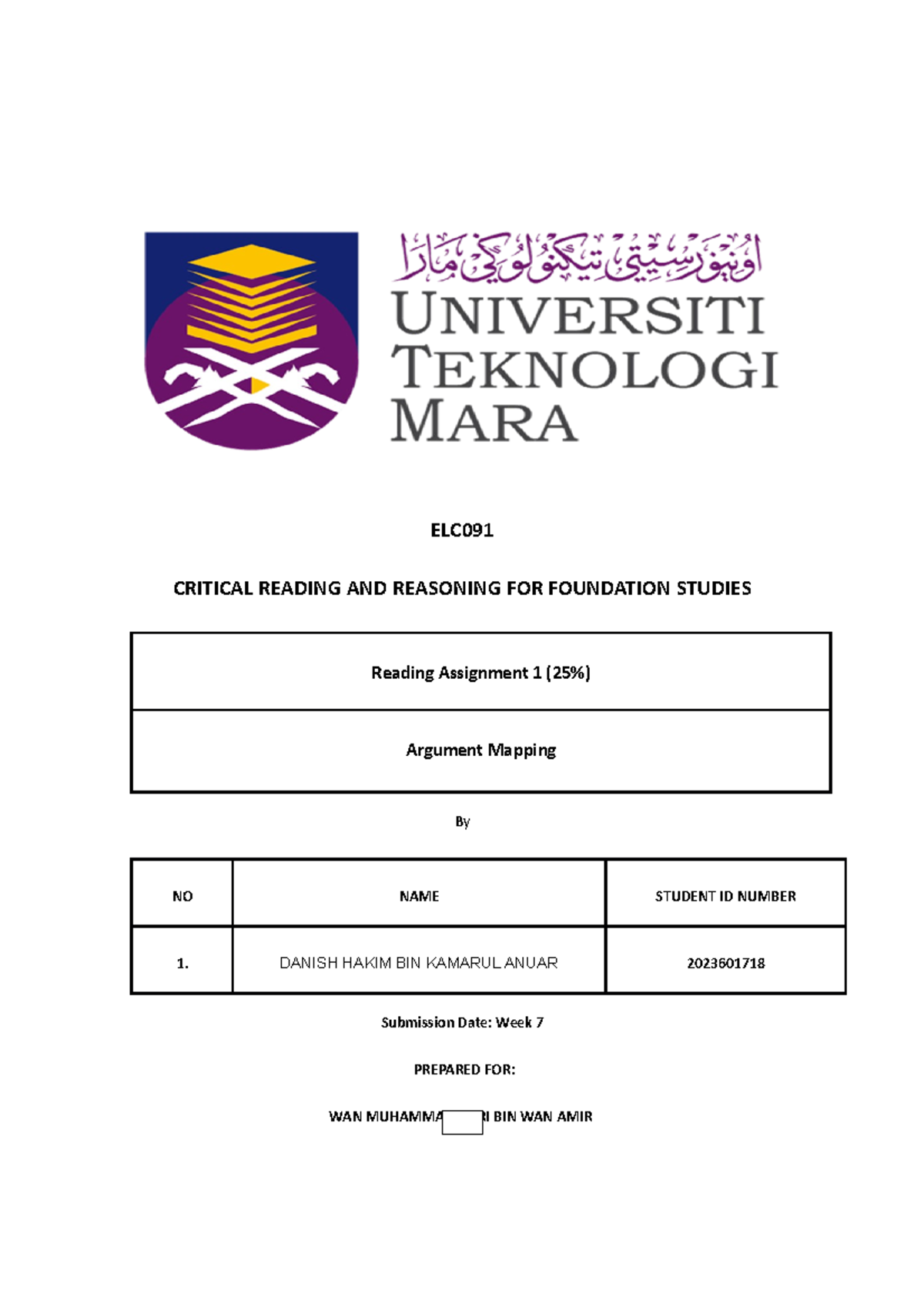 Assignment ELC - ARGUMENT MAPPING - ELC CRITICAL READING AND REASONING FOR FOUNDATION STUDIES ...