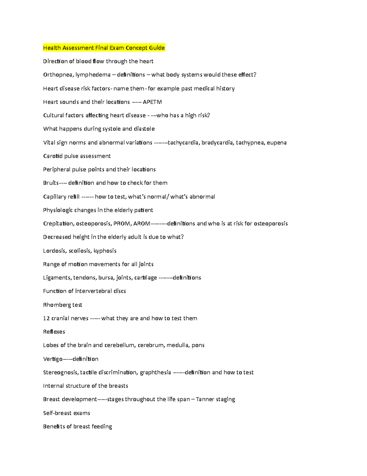Health Assessment Final Exam Concept Guide 4 - Health Assessment Final ...