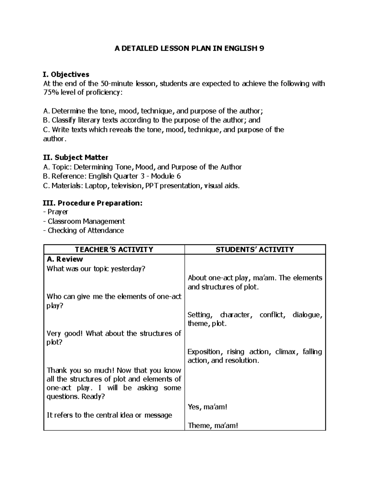 Determining Tone, Mood, Technique - A DETAILED LESSON PLAN IN ENGLISH 9 ...