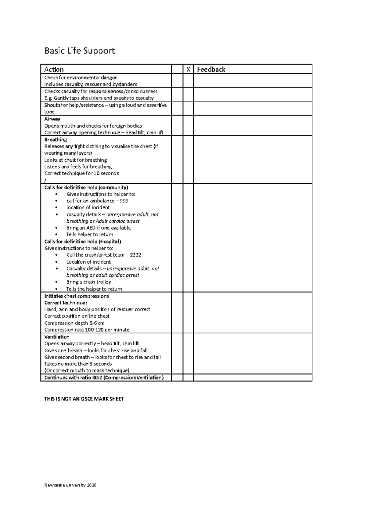 BLS 2020 - n/a - Basic Life Support Action X Feedback Check for ...