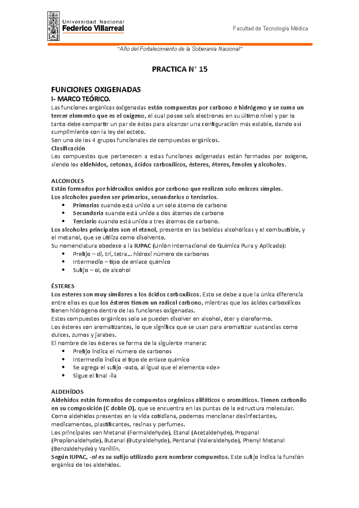 Practica N° 15 Funciones Oxigenadas - “Año del Fortalecimiento de la Soberanía Nacional ...