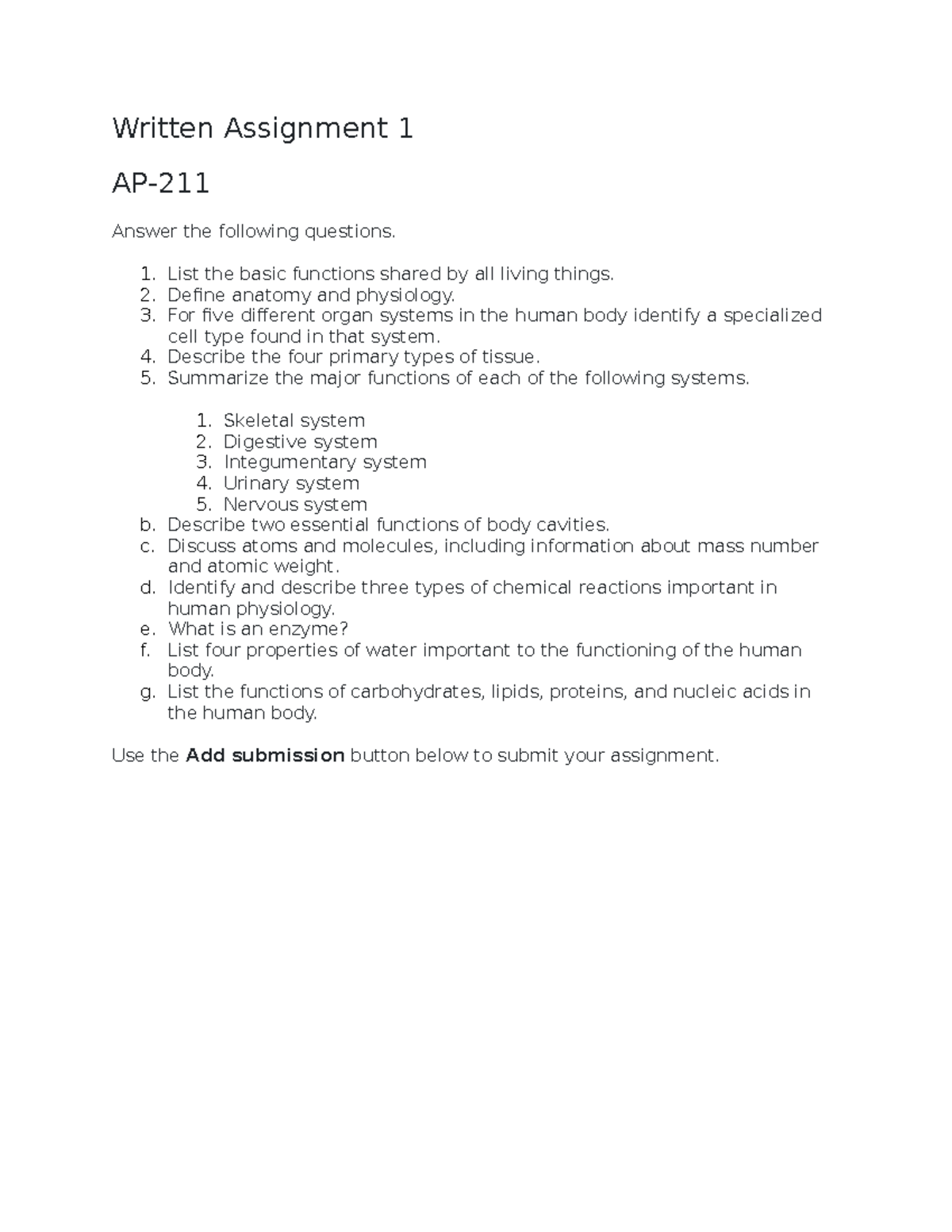 Anatomy and Physiology 211 Assignment #1 - Written Assignment 1 Answer ...