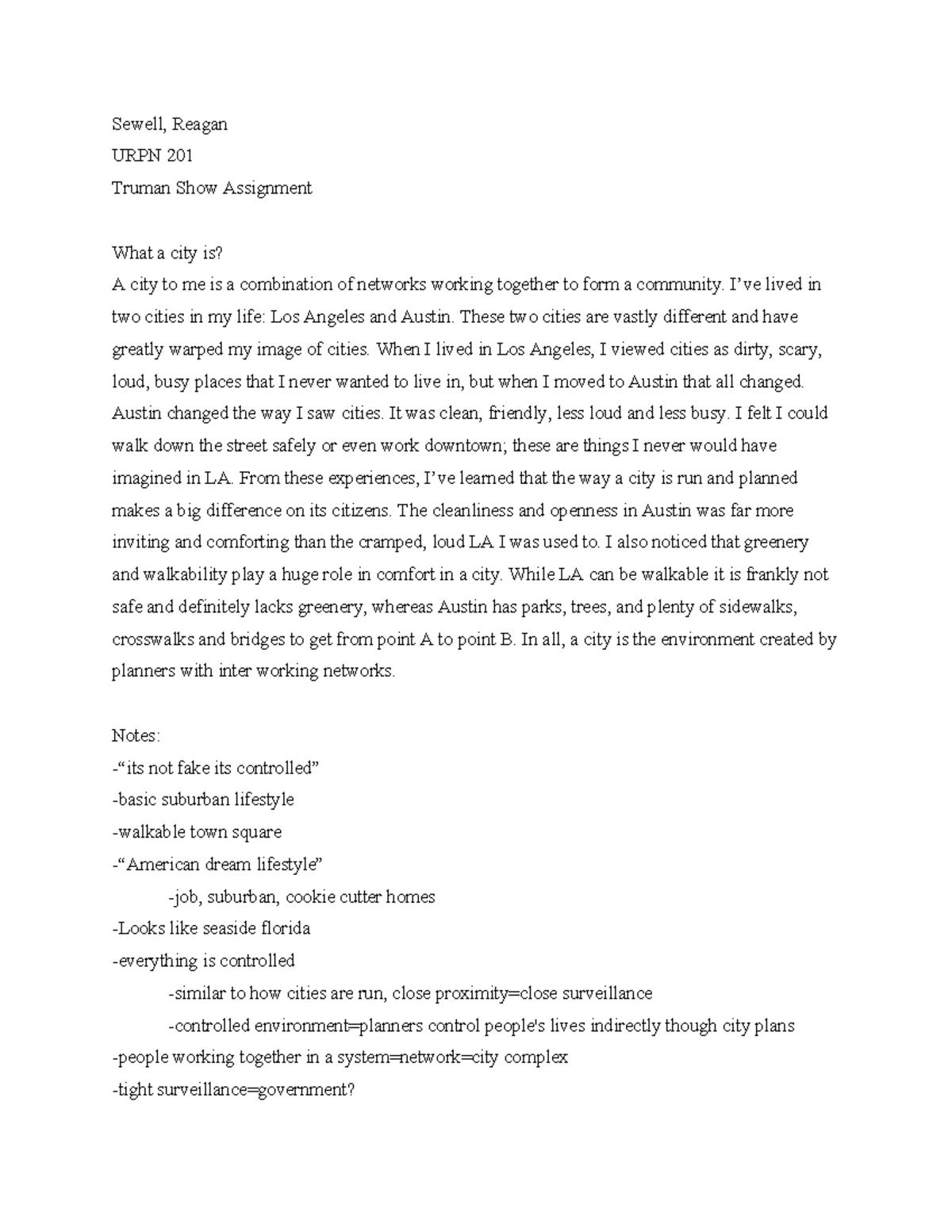 The Truman Show Assignment-1 - Sewell, Reagan URPN 201 Truman Show ...