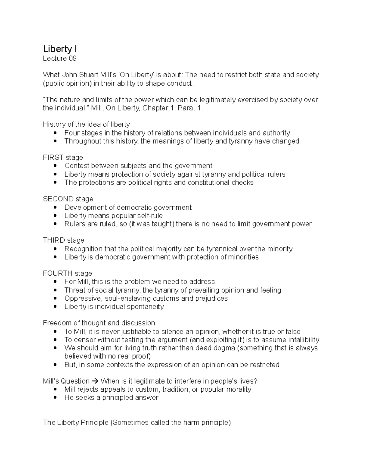 Lecture 09 (Liberty I) - Notes - Liberty I Lecture 09 What John Stuart ...