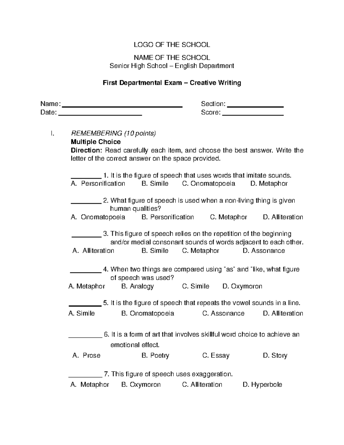 Sample Quiz - Student-made activity - LOGO OF THE SCHOOL NAME OF THE ...