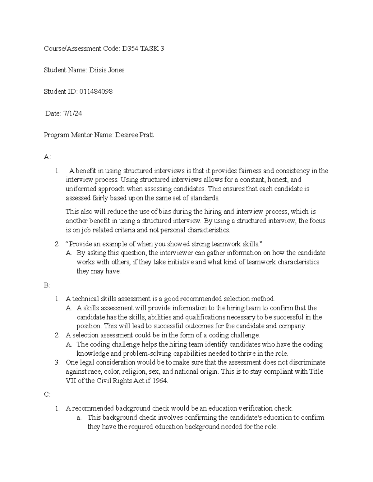 D354 task 3 - Pass - Course/Assessment Code: D354 TASK 3 Student Name ...