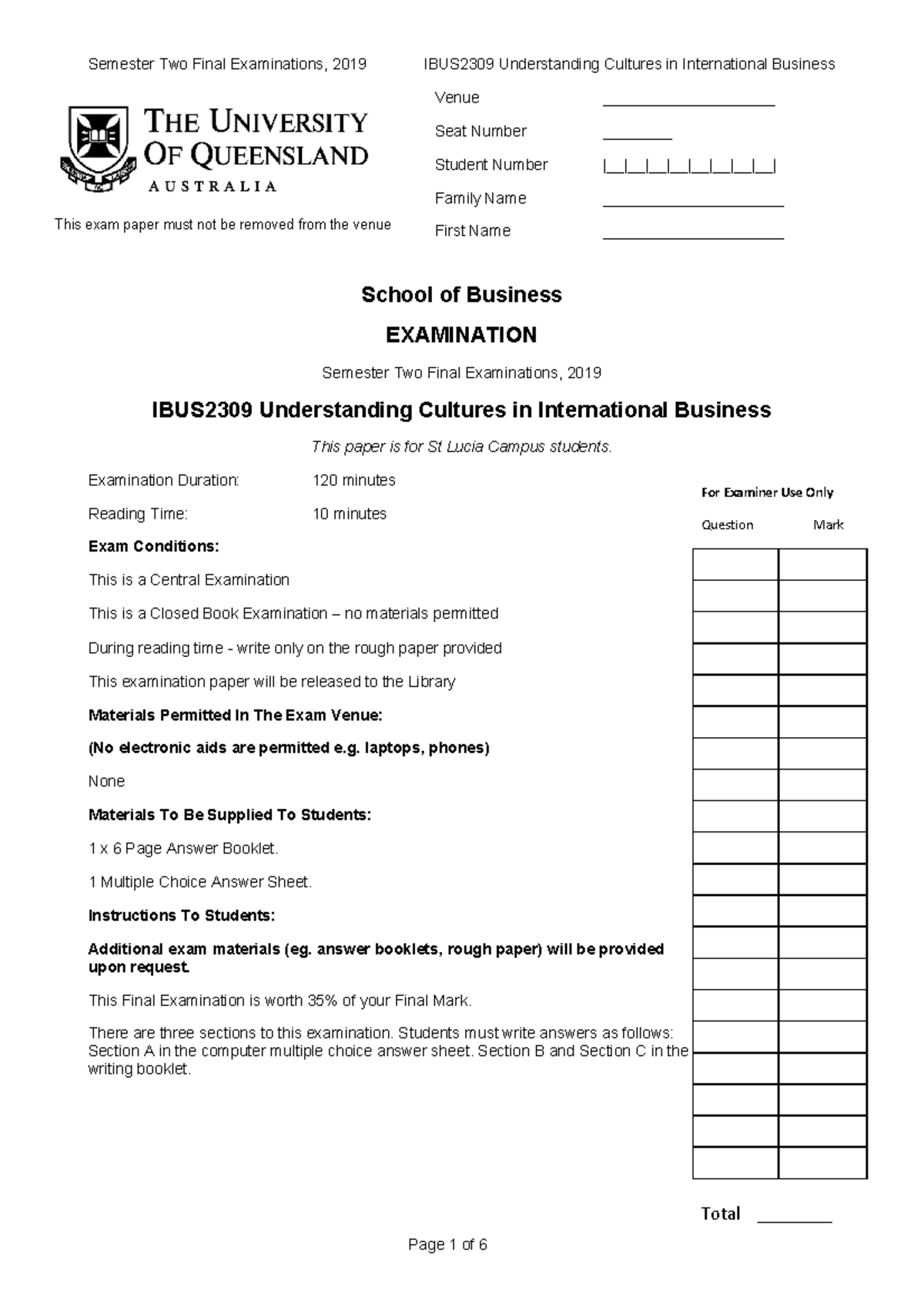 Semester Two Final Examinations 2019 IBUS2309 - This exam paper must ...