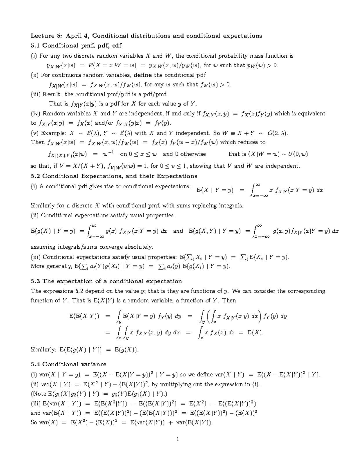 396 notes 2 - Lecture 5: April 4, Conditional distributions and ...