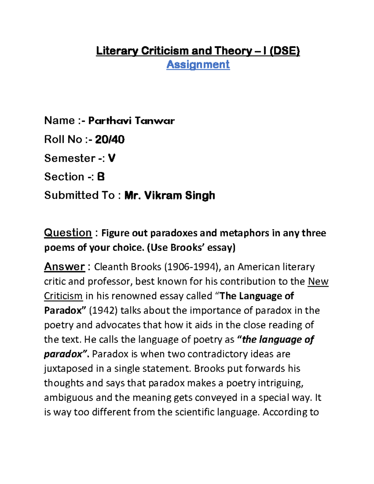 Assignment - DSE Literary Critic - Literary Criticism and Theory – I ...