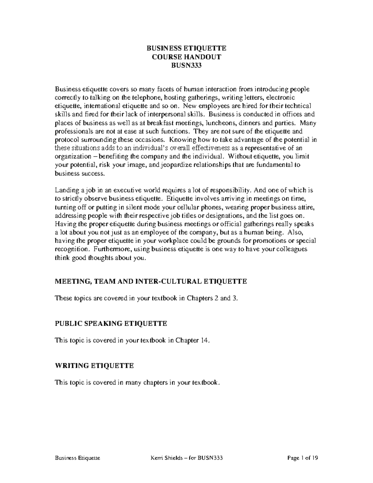 BUSN 333 Business Etiquette - BUSINESS ETIQUETTE COURSE HANDOUT BUSN ...