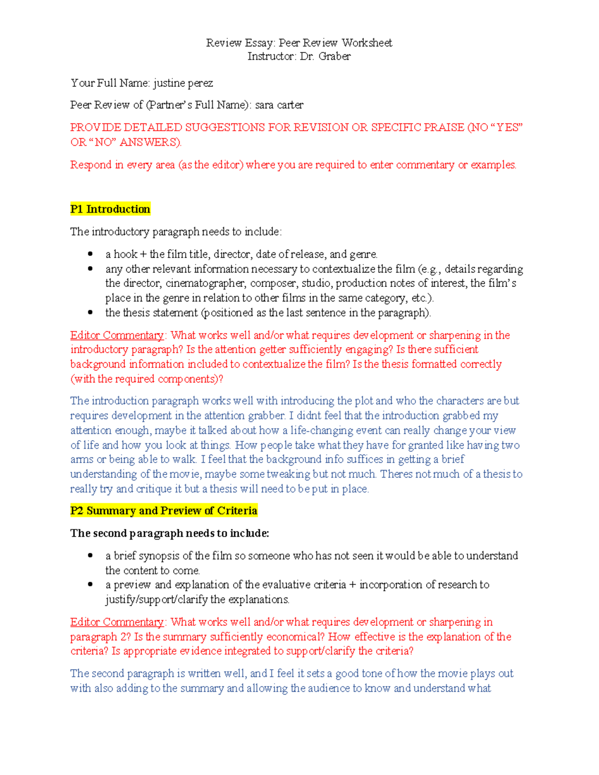 Graber Peer Review Worksheet FILM Review Essay-2 - Instructor: Dr ...