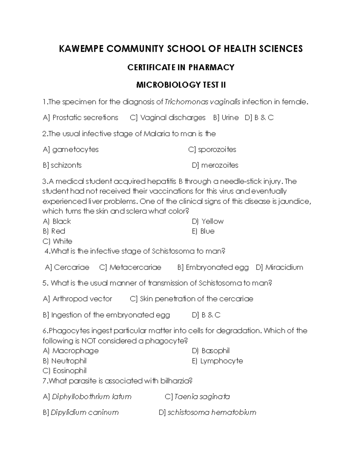 Microbiology TEST II - KAWEMPE COMMUNITY SCHOOL OF HEALTH SCIENCES ...