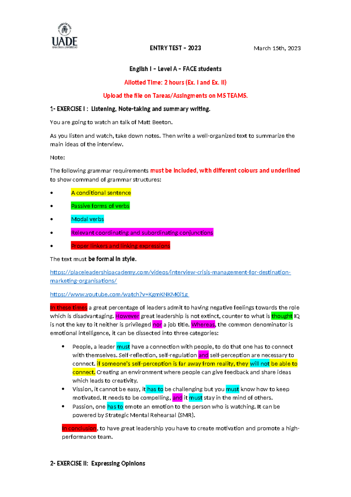 Examen Level A - English I - FACE 2023 - ENTRY TEST – 2023 March 15th ...