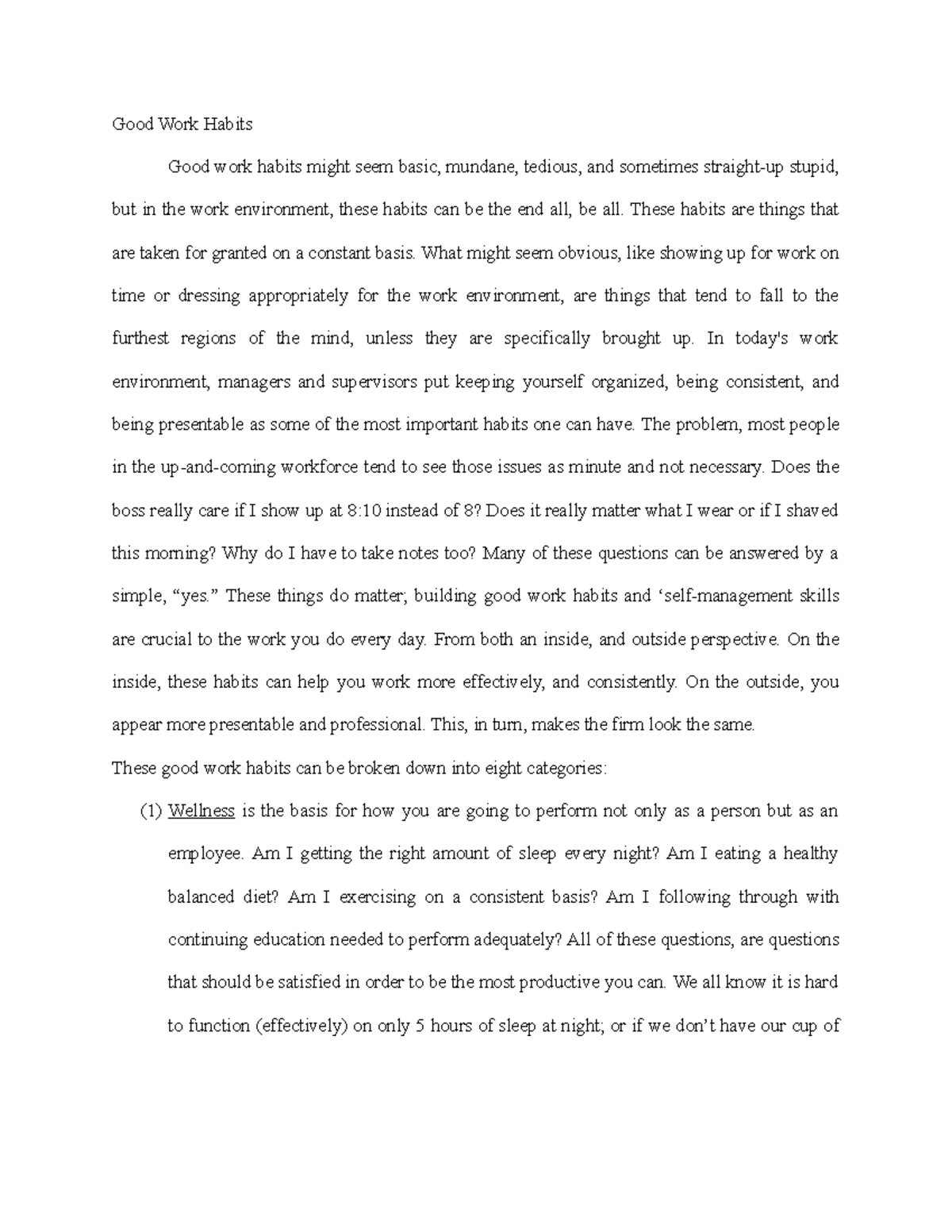 Intro to Para. Intangible Skills Sample - Good Work Habits Good work ...