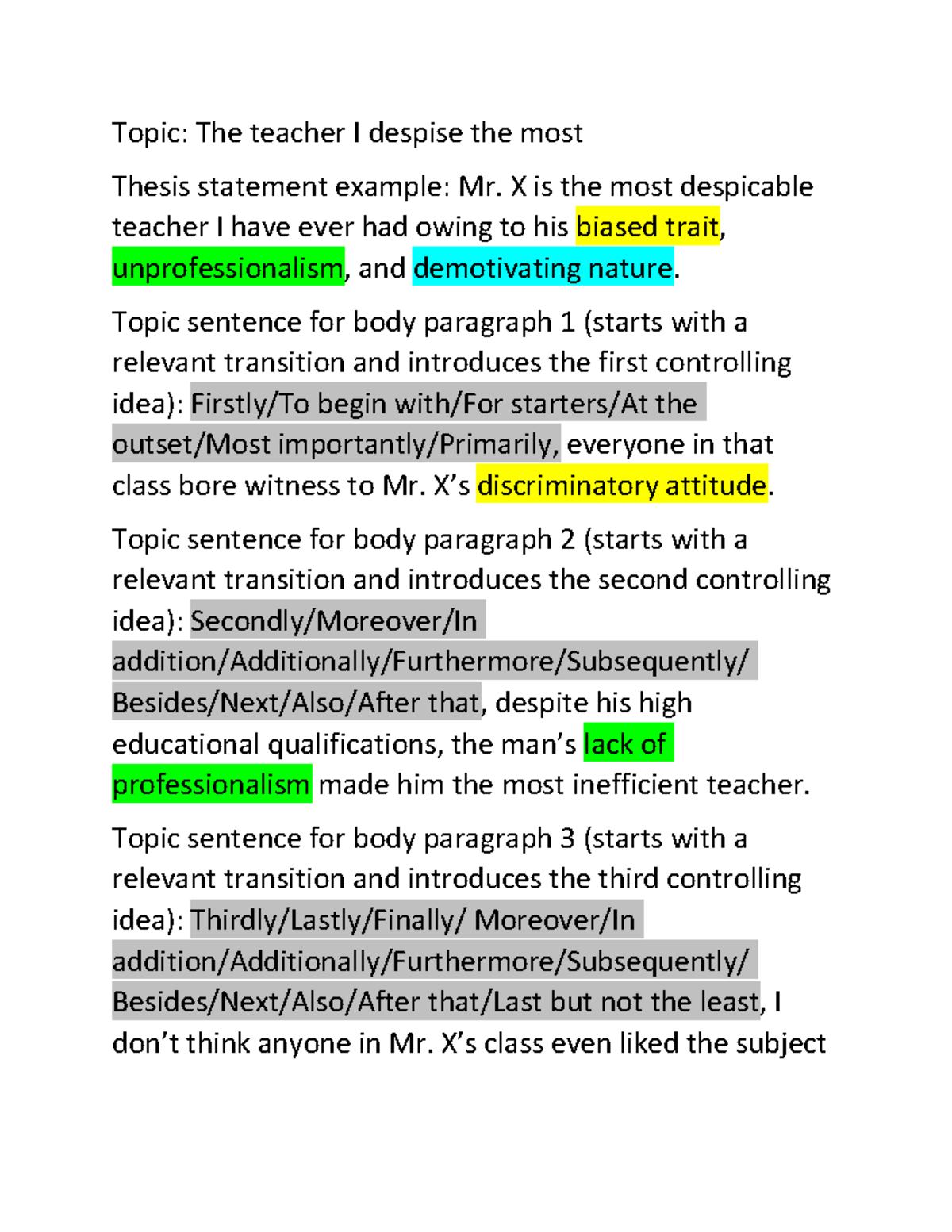 Topic sentence - Topic: The teacher I despise the most Thesis statement ...