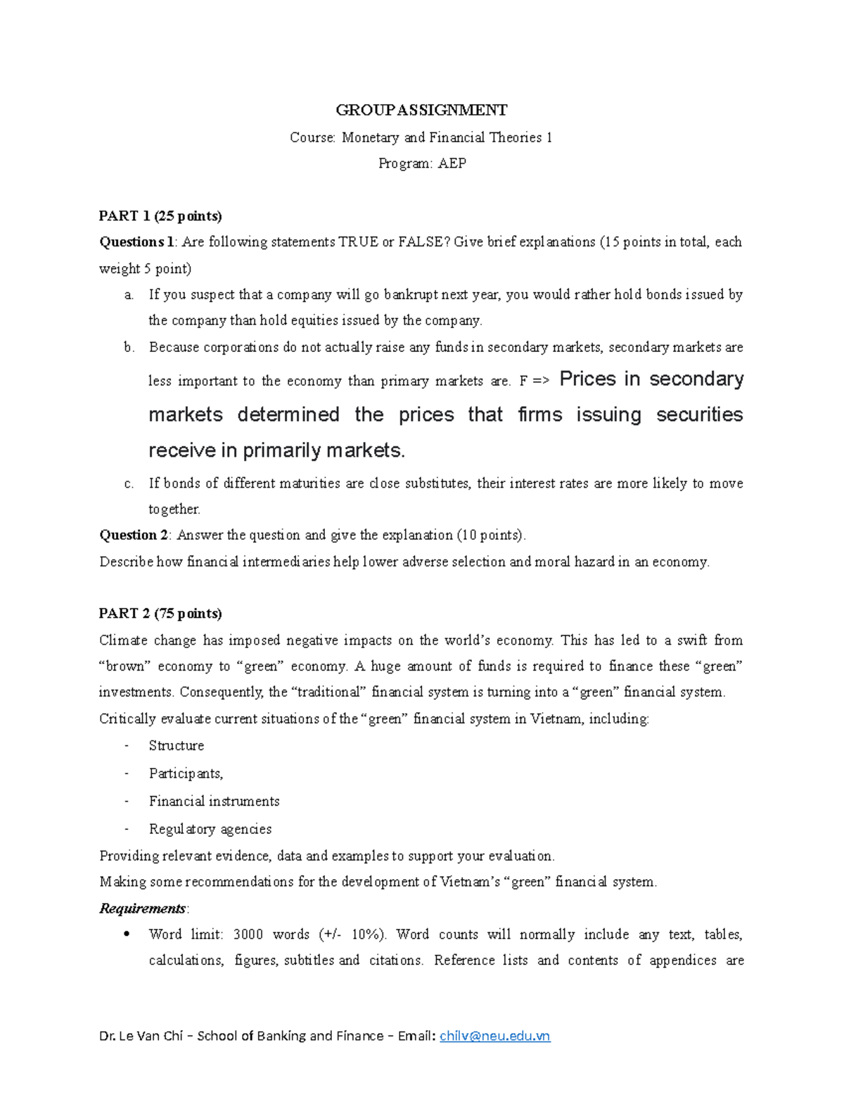 AEP.Group assignment - LTTCTT asm - GROUP ASSIGNMENT Course: Monetary and Financial Theories 1 ...