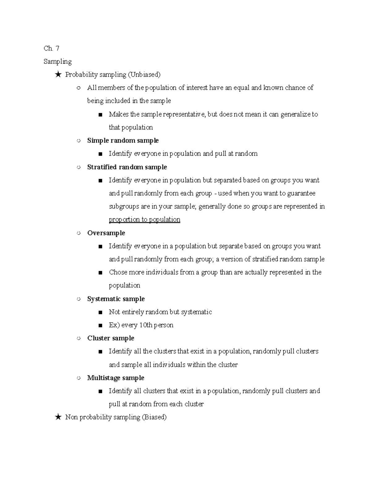RM Exam 2 - Lecture notes 2 - Ch. 7 Sampling ★ Probability sampling ...