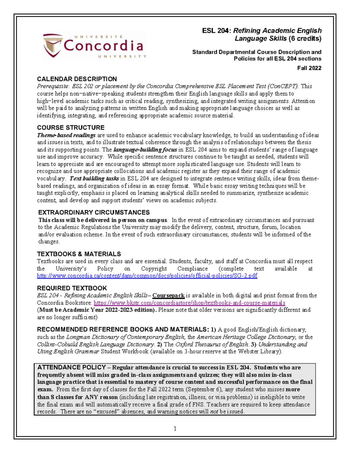 Syllabus ESL 204 - EXTRAORDINARY CIRCUMSTANCES This class will be ...