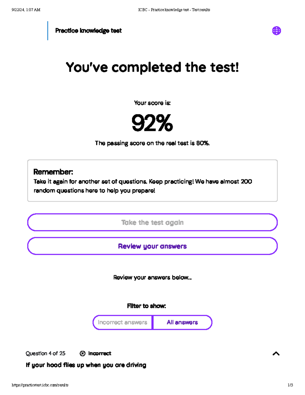 Incorrect 3 92% - past papers - Practice knowledge test You've ...