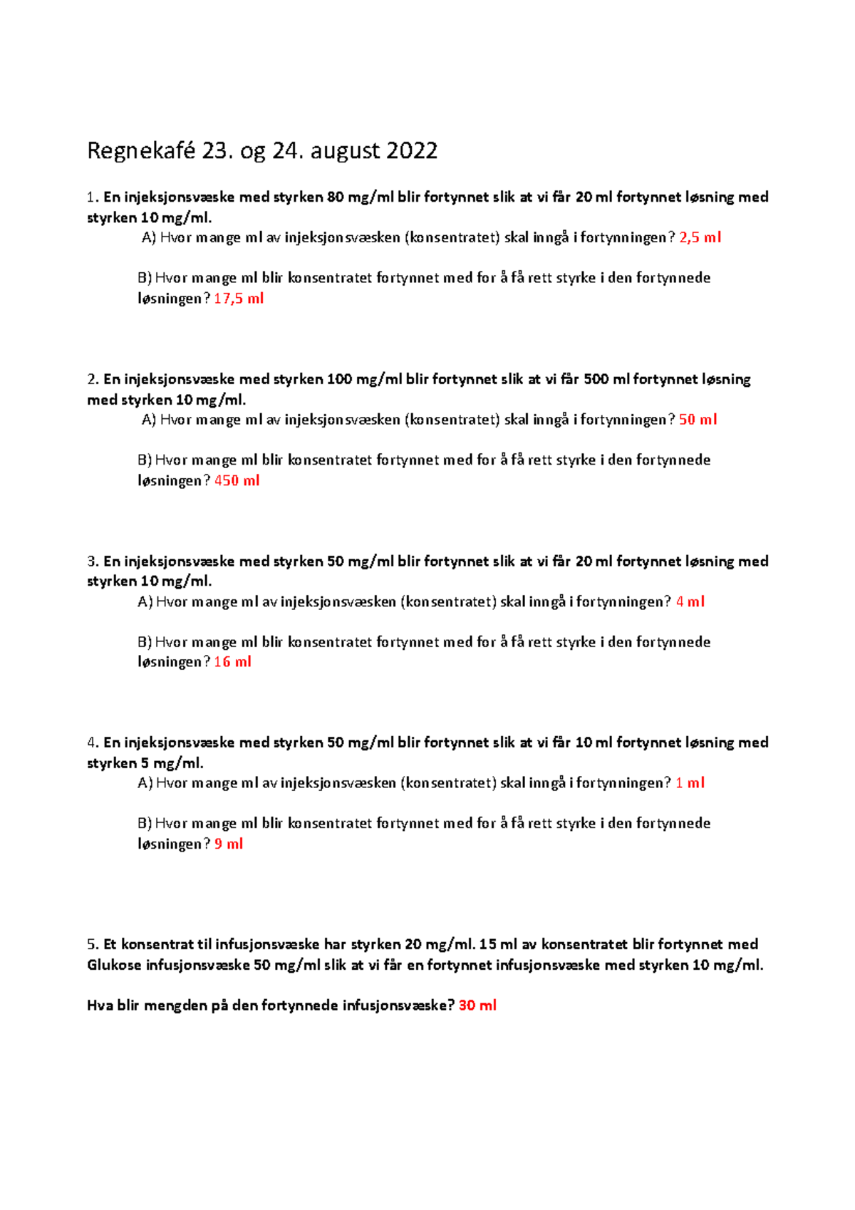 Fasit Øvingsoppgaver fortynning, tid, hastighet og prosent - Regnekafé ...