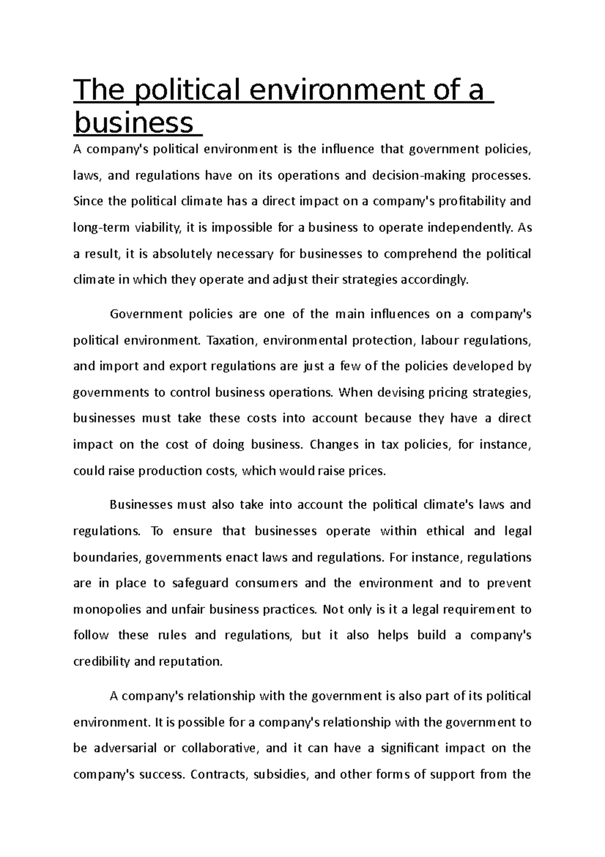 The political environment of a business - The political environment of ...