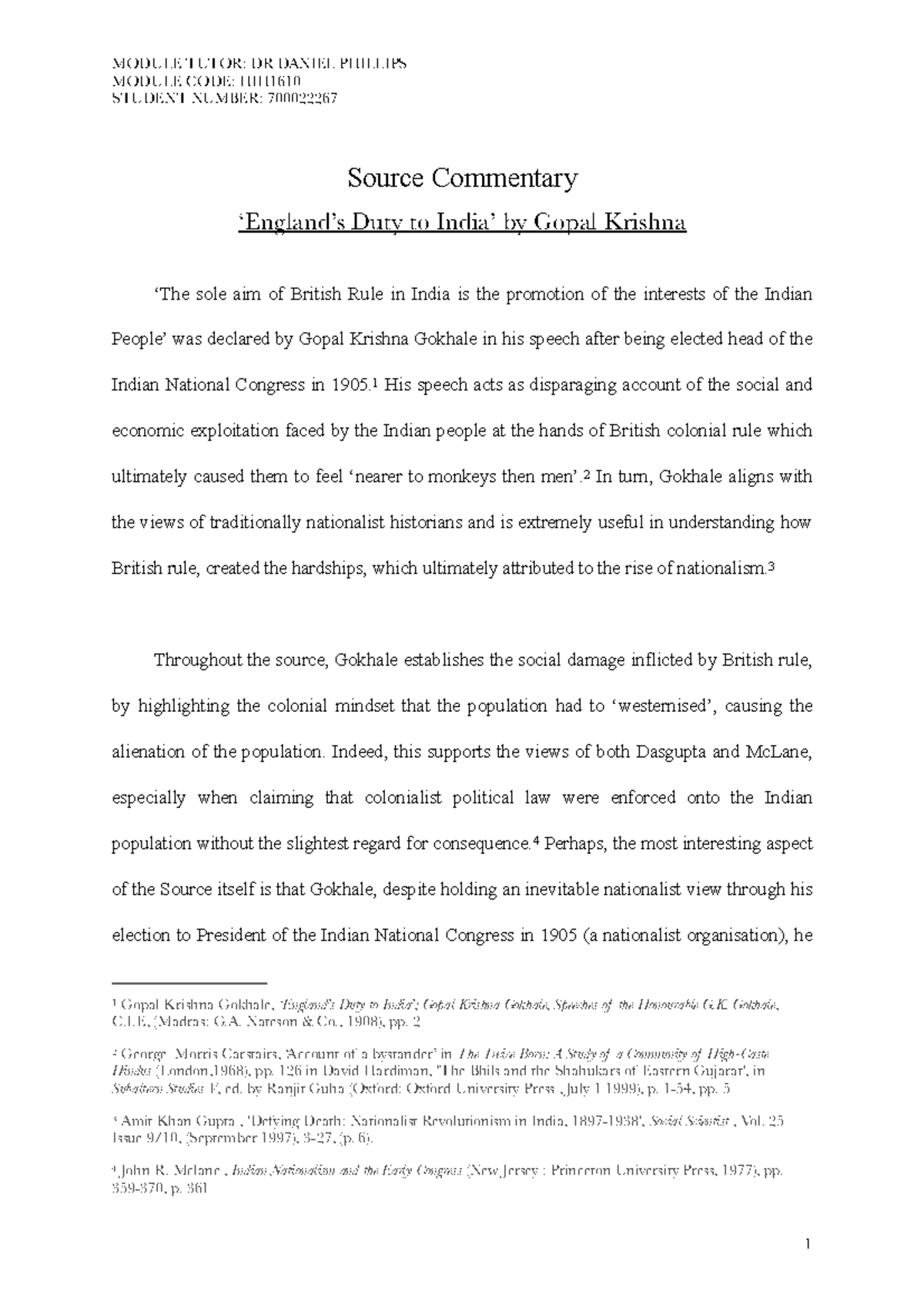 1st Source Commentary PDF - MODULE CODE: HIH STUDENT NUMBER: 700022267 ...