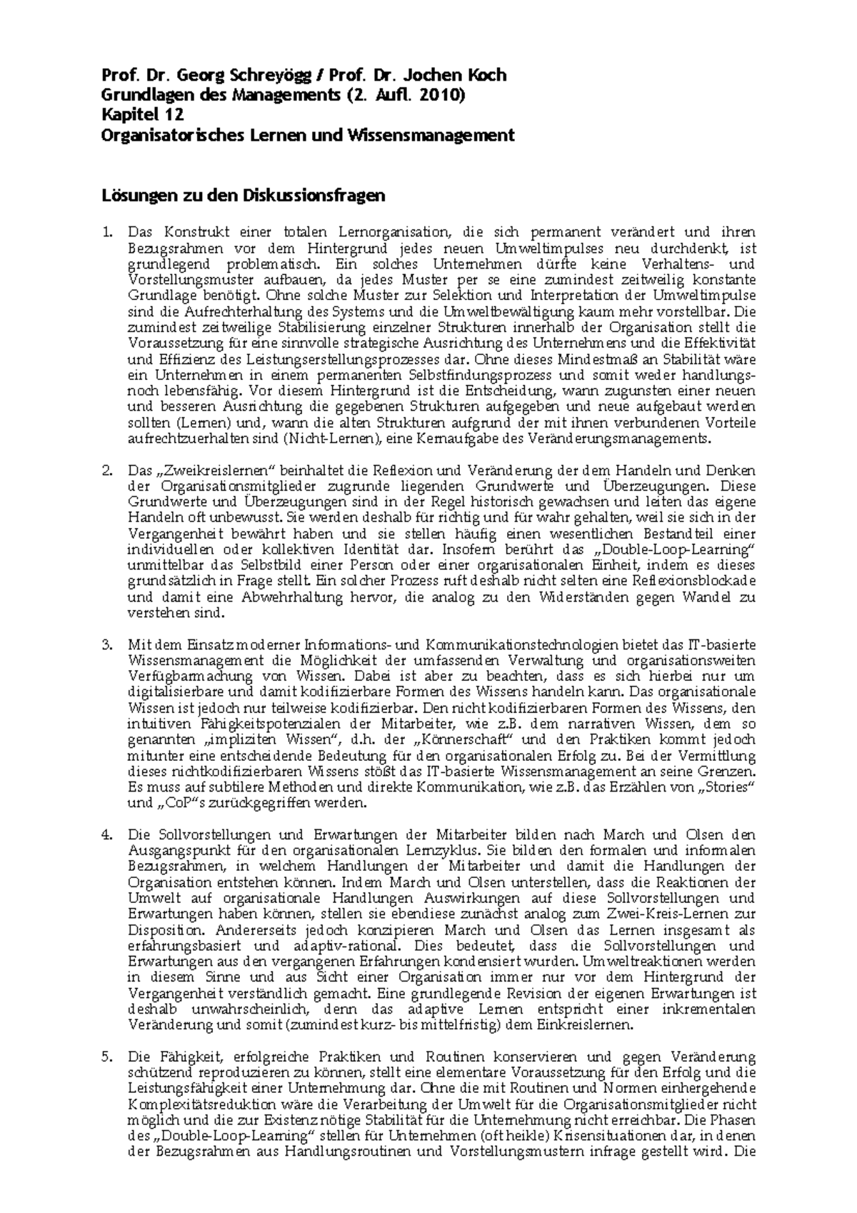 Übungen - Lösungen Zu Den Diskussionsfragen, Organisatorisches Lernen ...