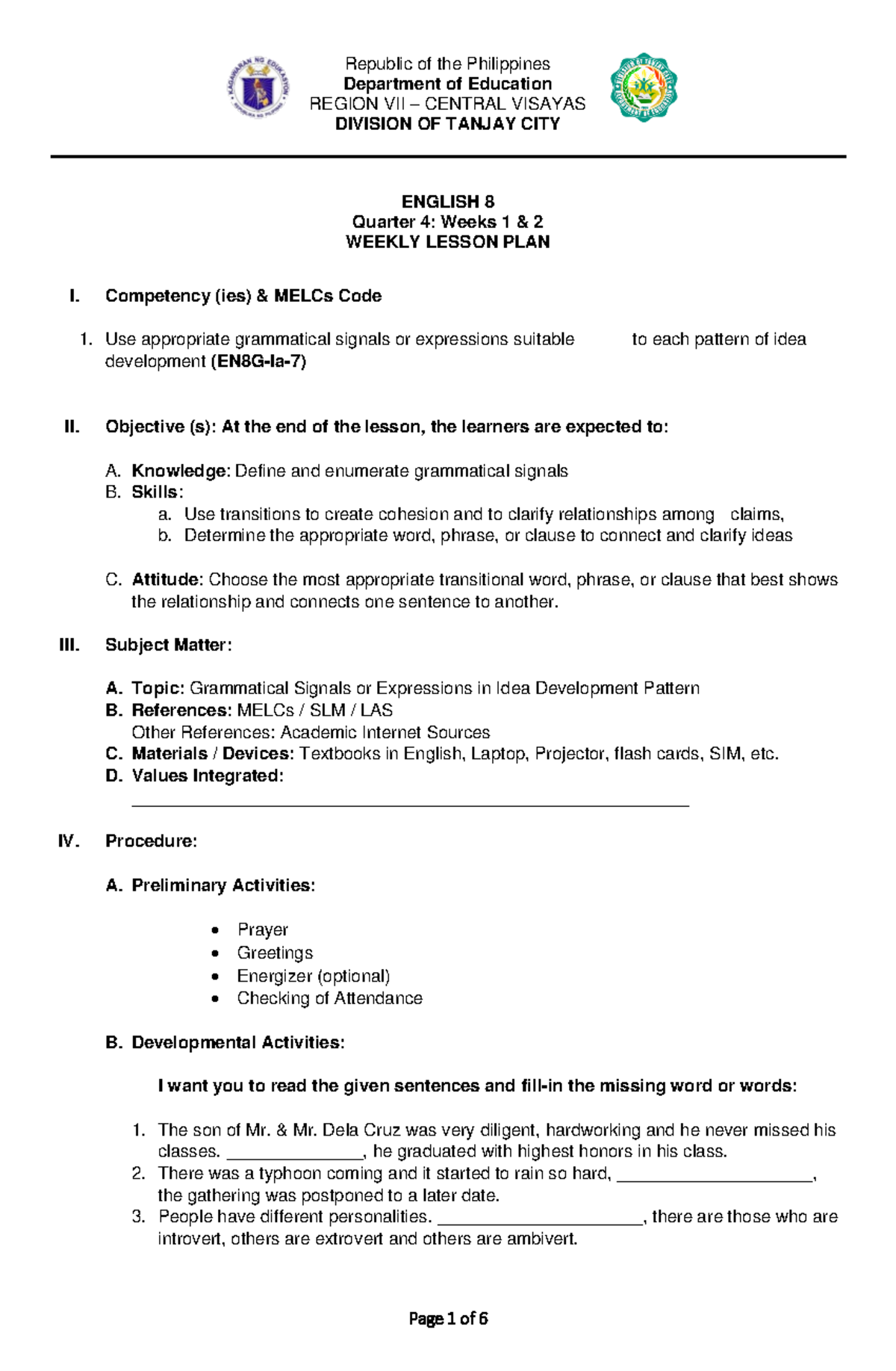 English 8 Q4 WK1 2 - Republic of the Philippines Department of ...