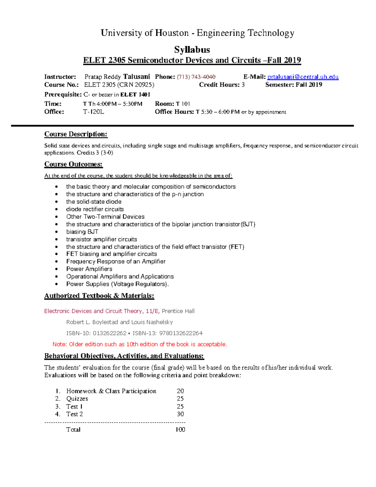 ELET2305 Syllabus Talusani Fa2019 - University of Houston - Engineering ...