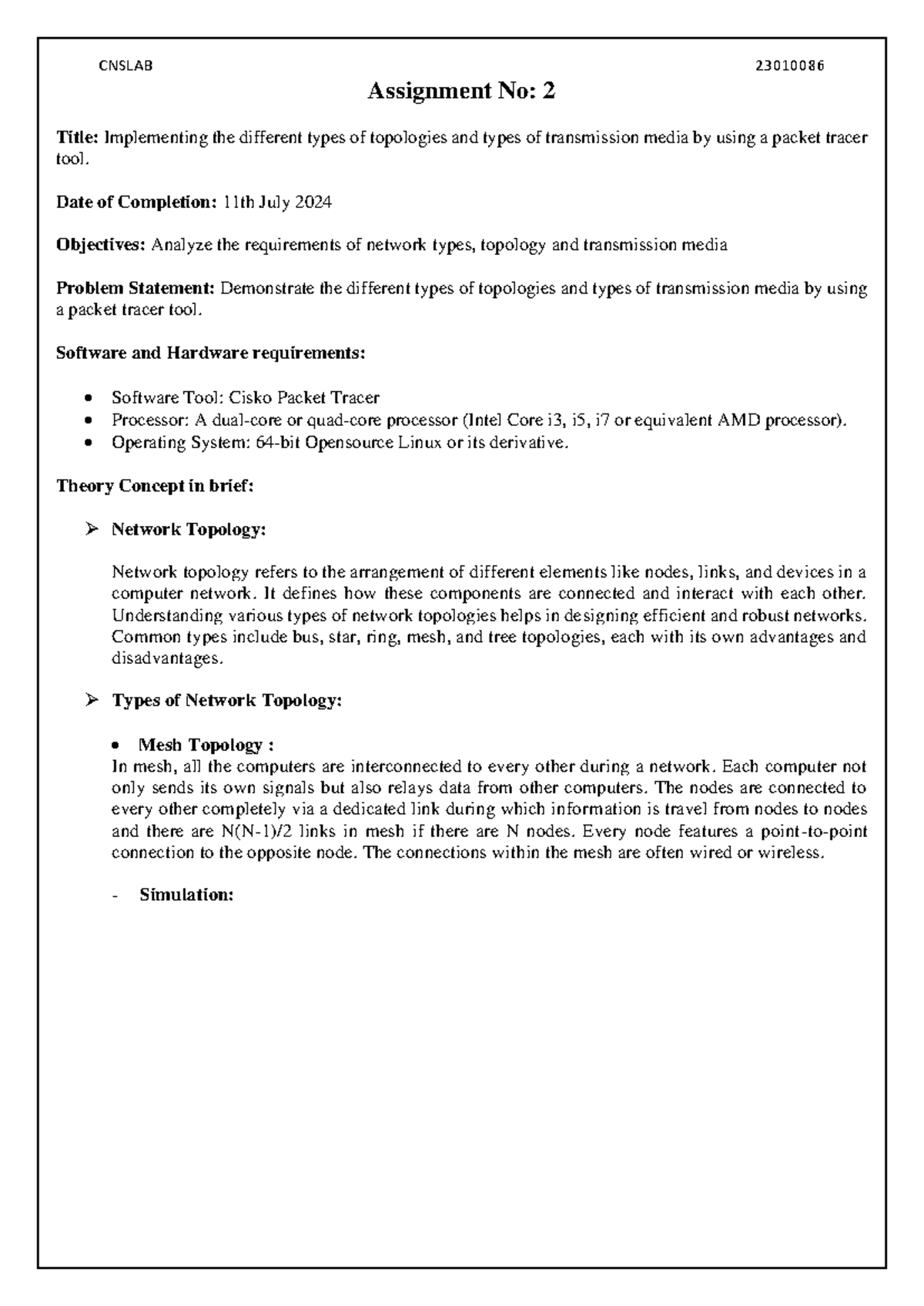 Assignment No2 CNS - Types of topologies and transmission media - Assignment No: 2 Title: - Studocu