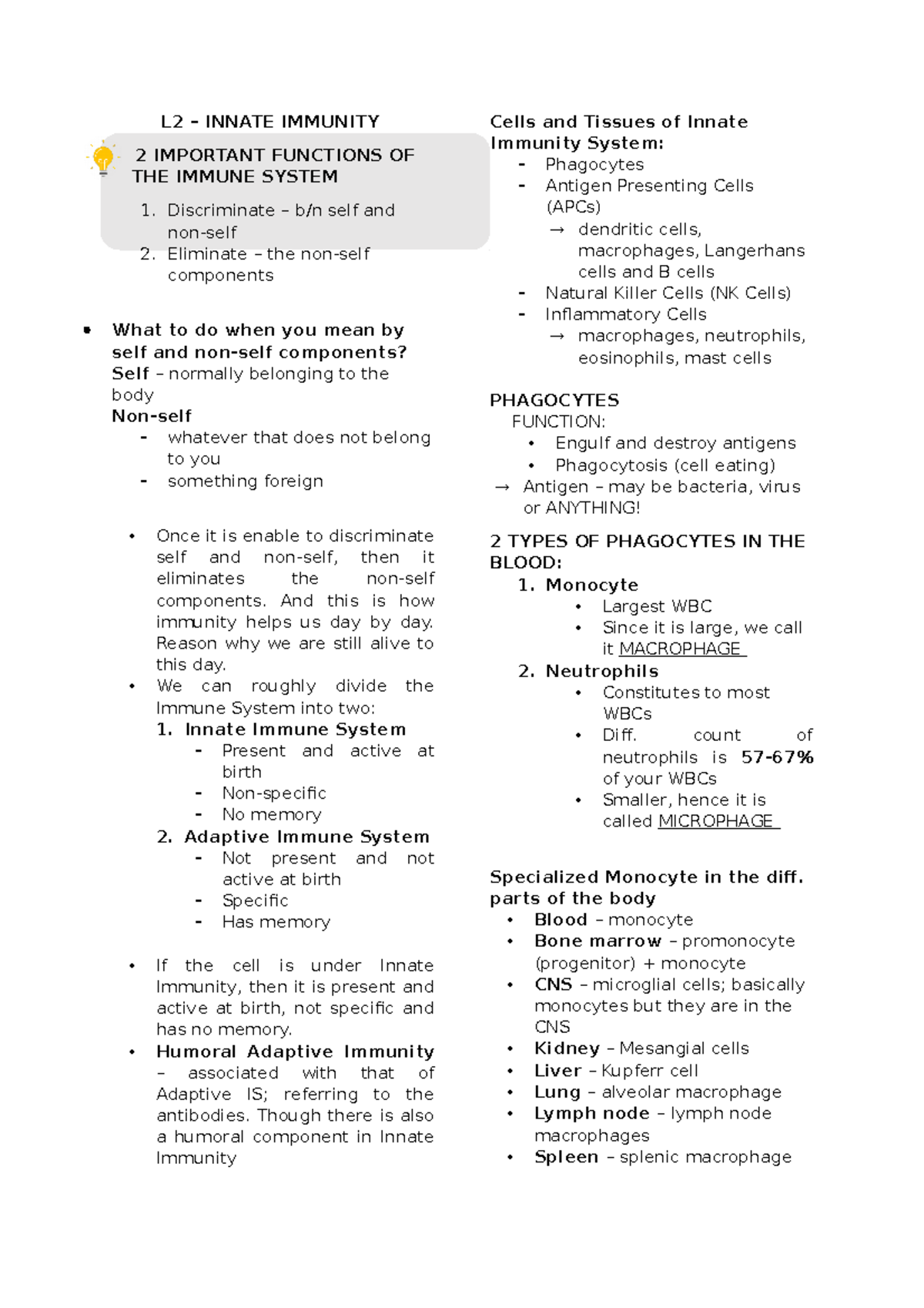 Innate Immunity, T cells and B cells, and Antibodies Lecture Notes - L2 ...