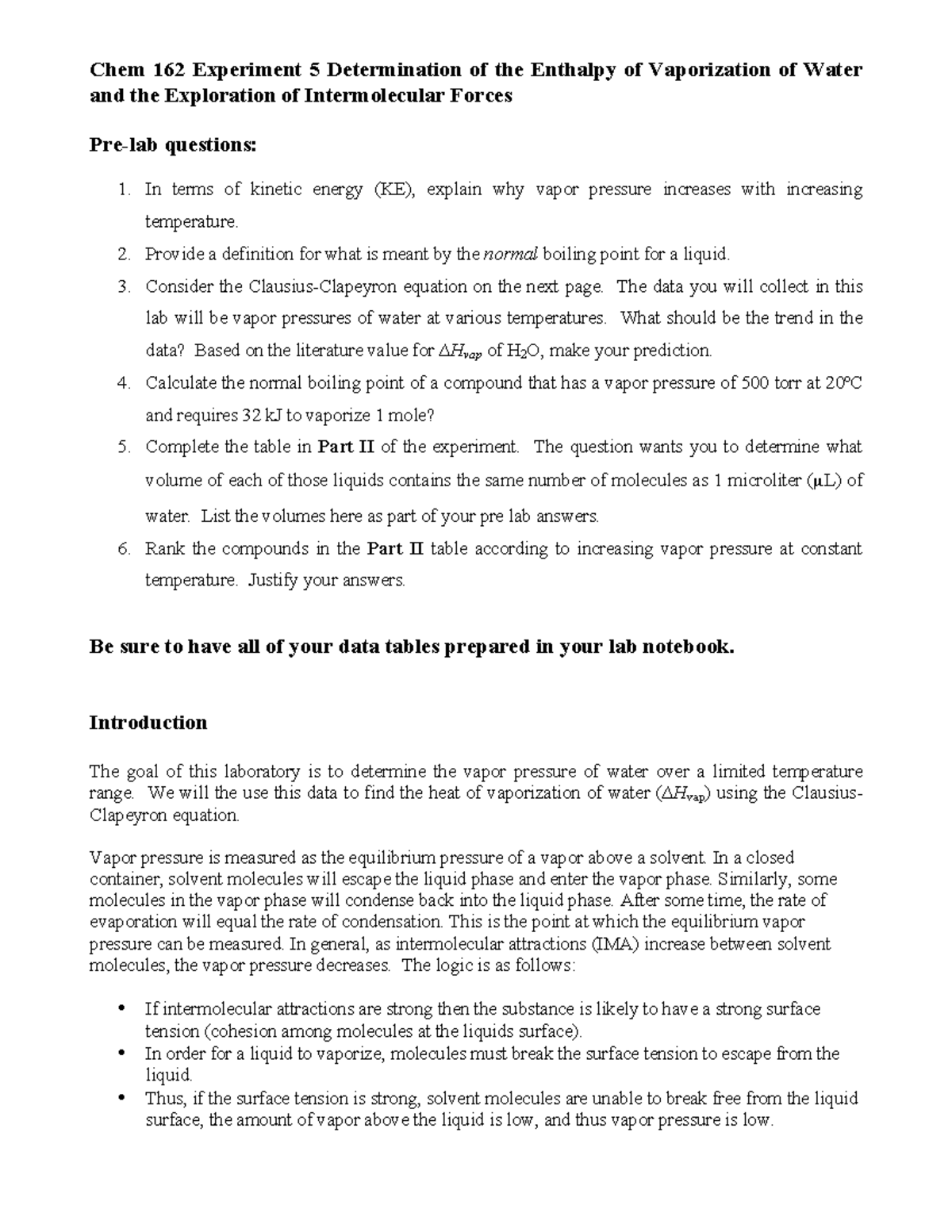 Lab 5 Enthalpy of Vaporization - Chem 162 Experiment 5 Determination of ...