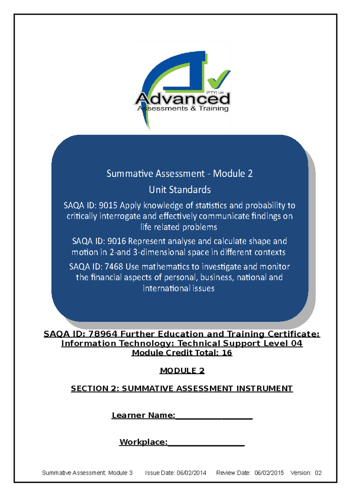 Module 2 SA - Tech support Assignment - SAQA ID: 78964 Further ...