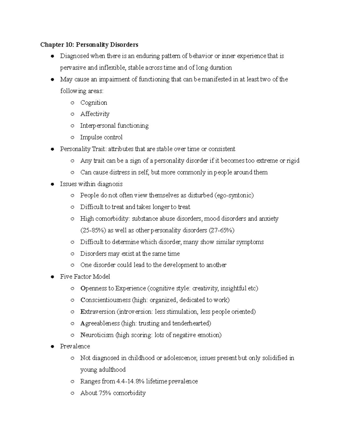 Exam 3 Study Guide - Chapter 10: Personality Disorders Diagnosed when ...