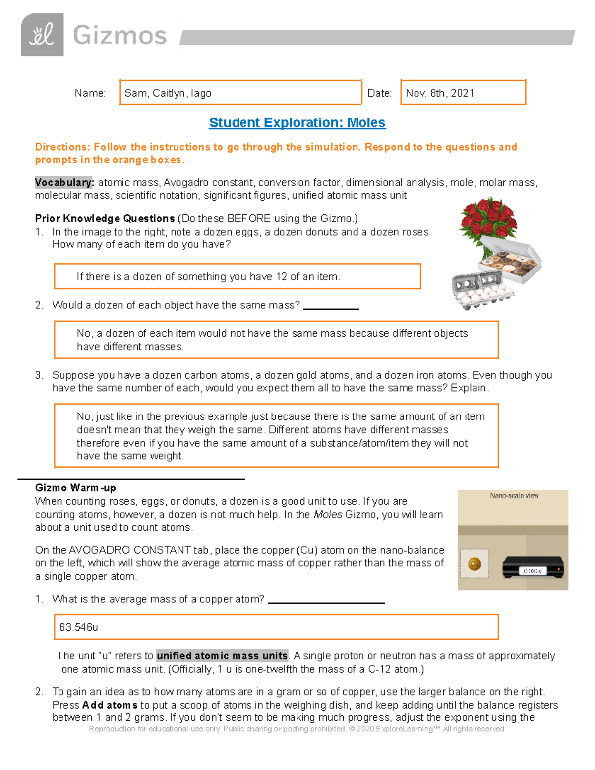 Moles Student Exploration Worksheet Chemistry Gizmo - Name: Sam ...