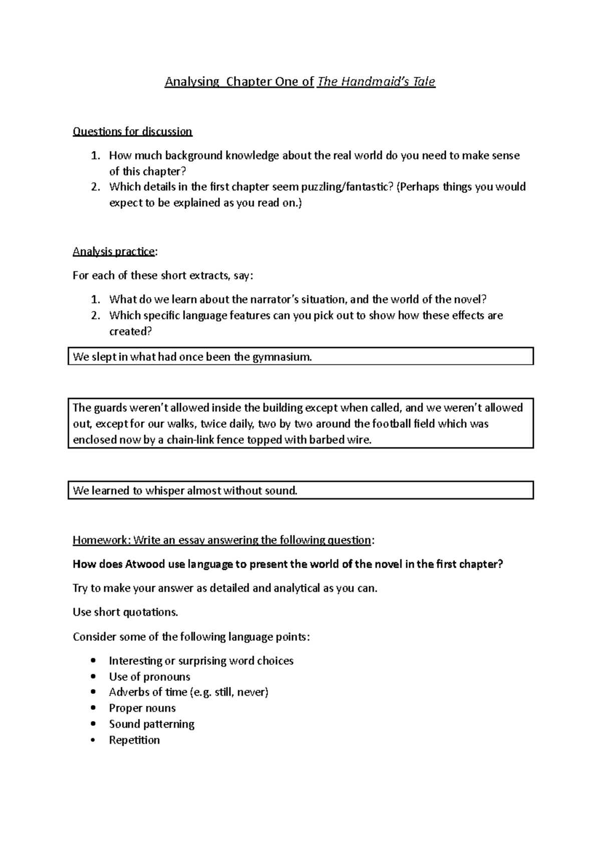 Analysing Chapter One of The Handmaid - ) Analysis practice: For each ...