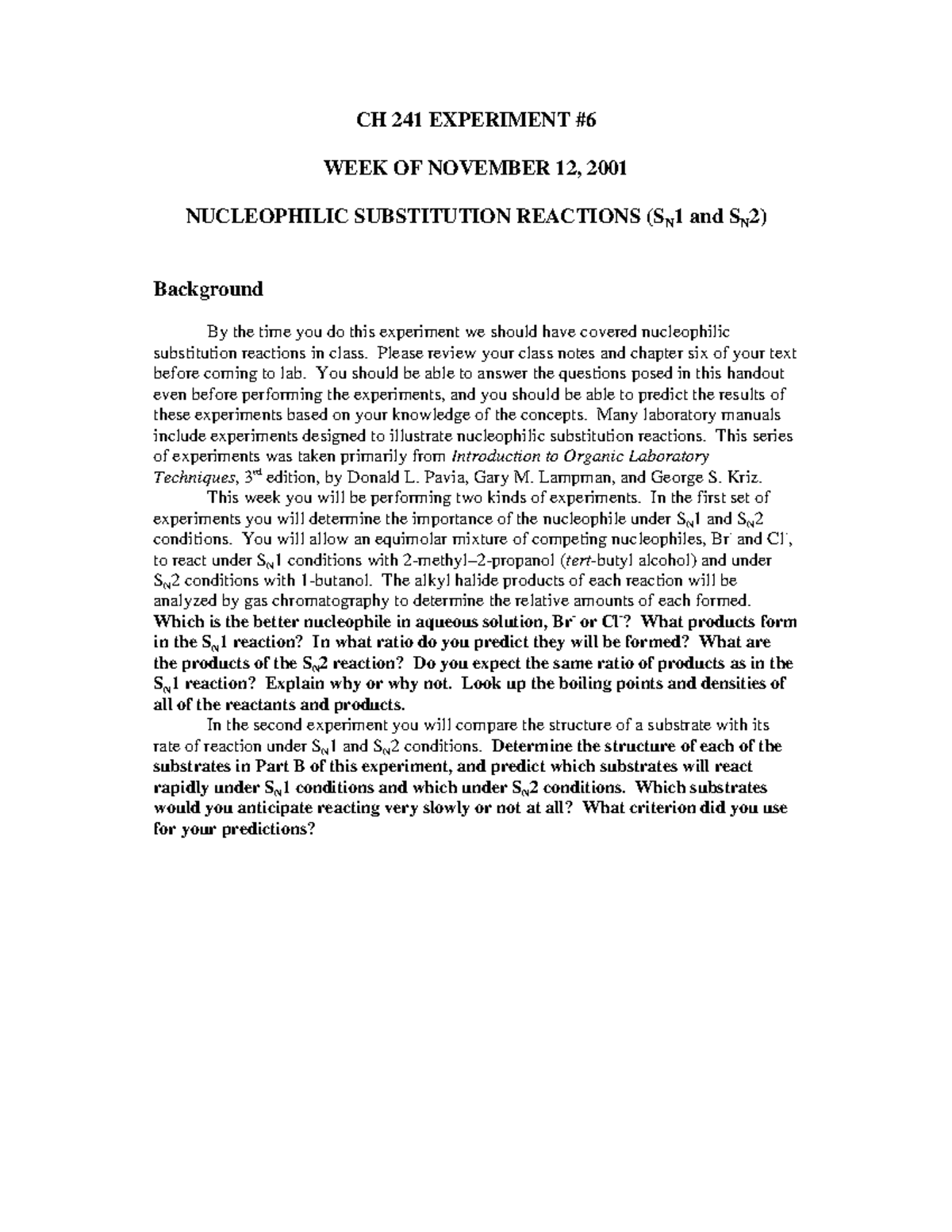 Experiment 6 - lab report - CH 241 EXPERIMENT WEEK OF NOVEMBER 12, 2001 ...