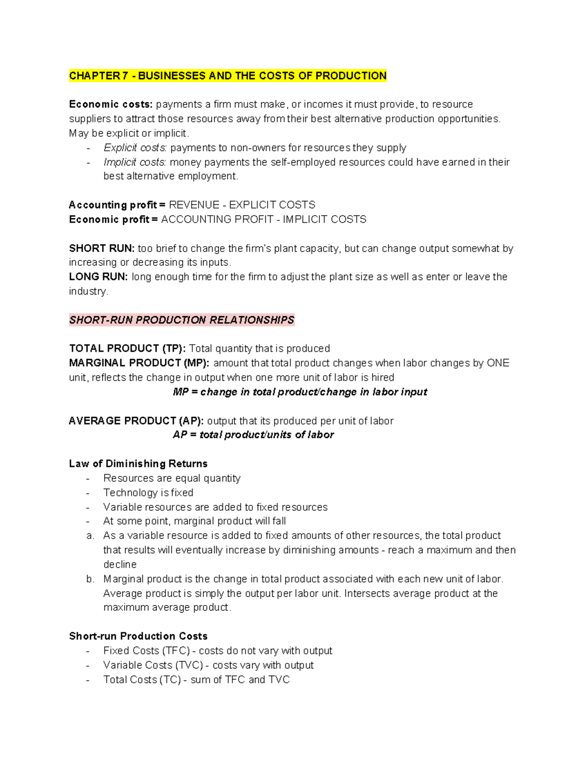 Microeconomics Final Notes - CHAPTER 7 - BUSINESSES AND THE COSTS OF ...