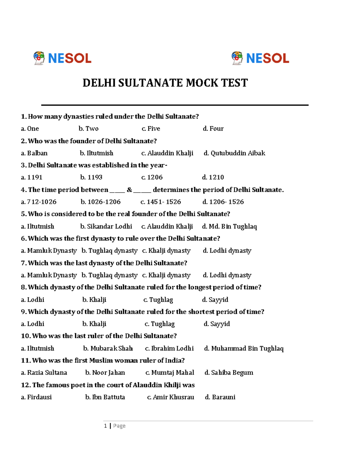 Delhi Sultanate MOCK TEST - DELHI SULTANATE ...