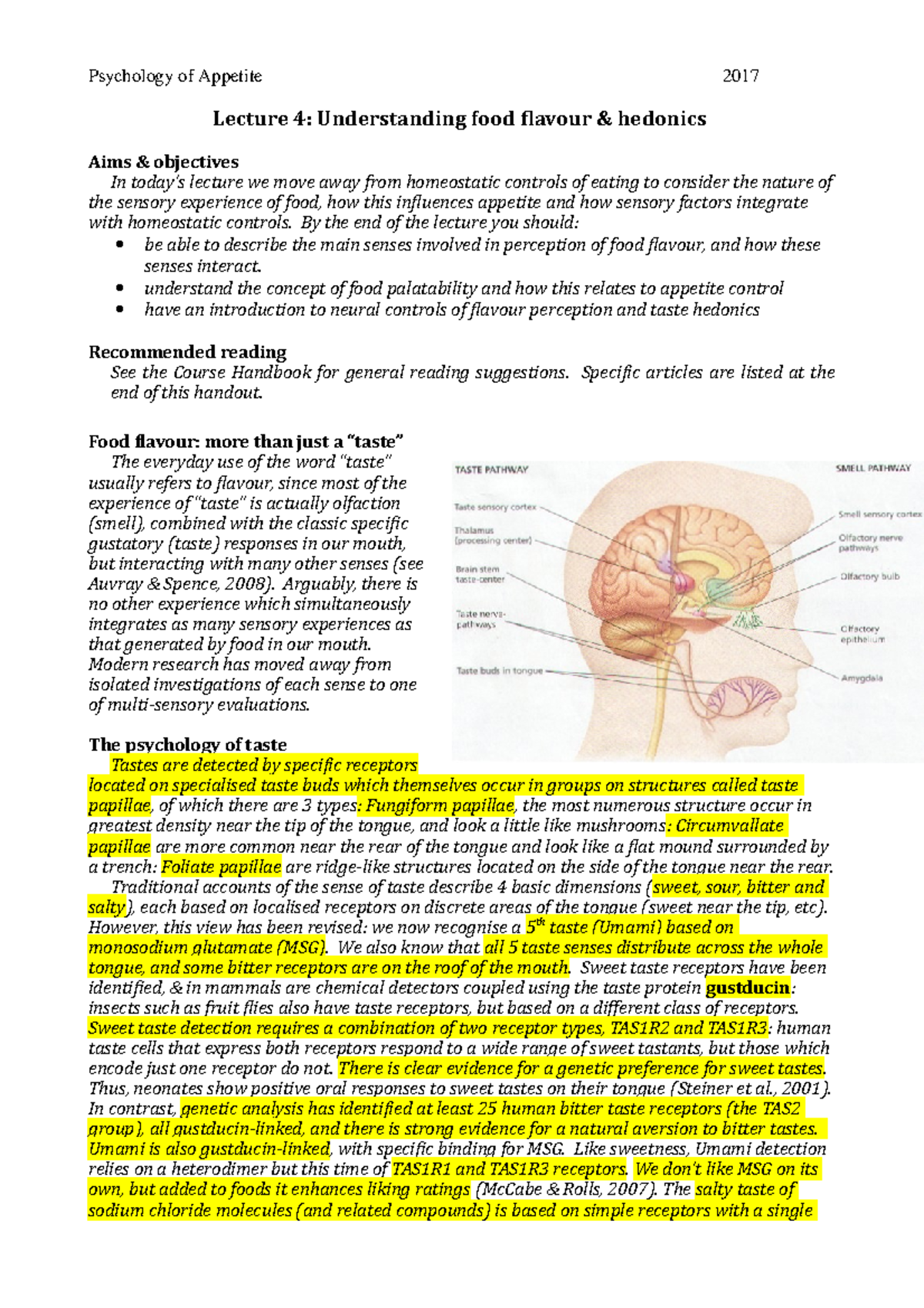 Lecture 4 handout - Module convenor: Dr Martin Yeomans - Psychology of ...