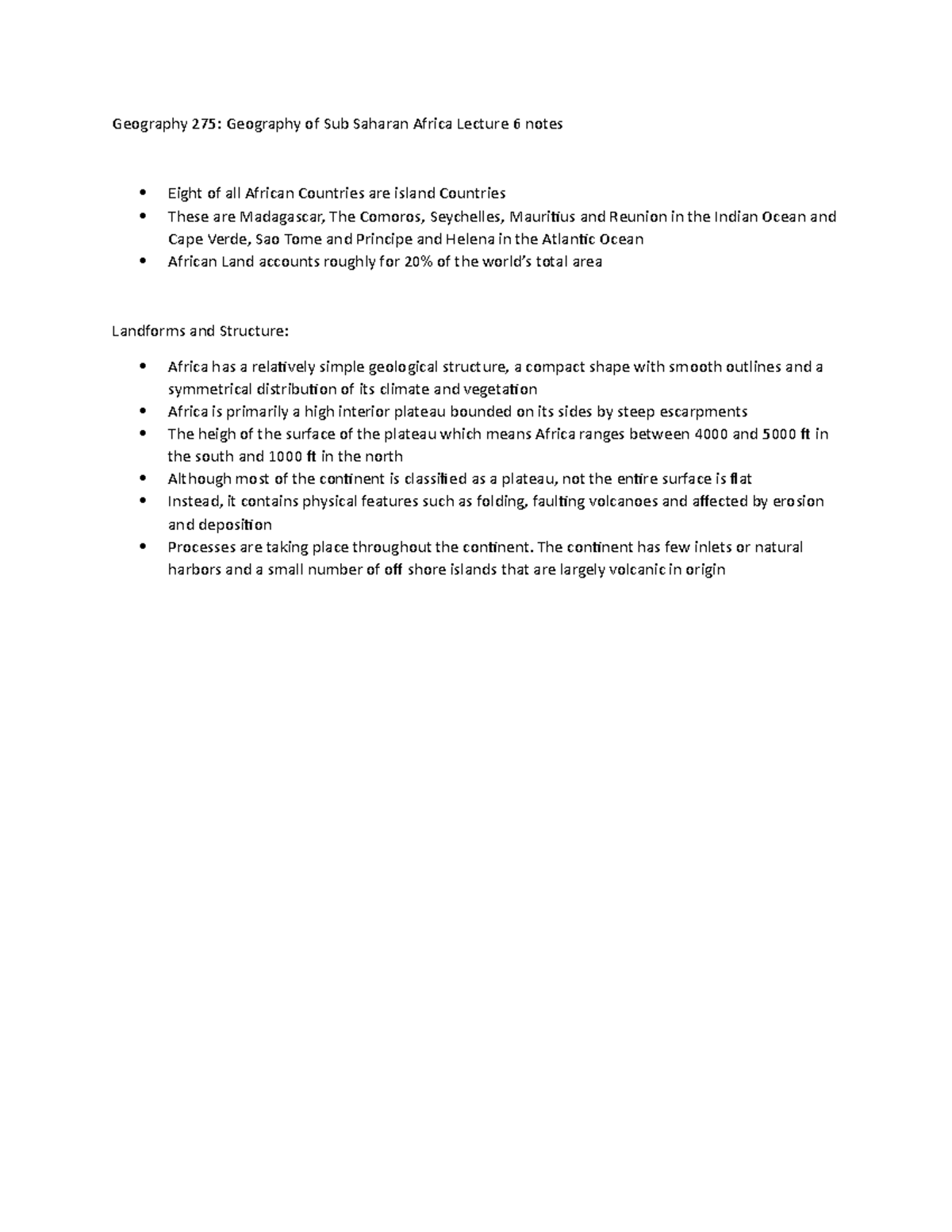 Geography 275 Lecture 6 Notes - Geography 275: Geography of Sub Saharan ...