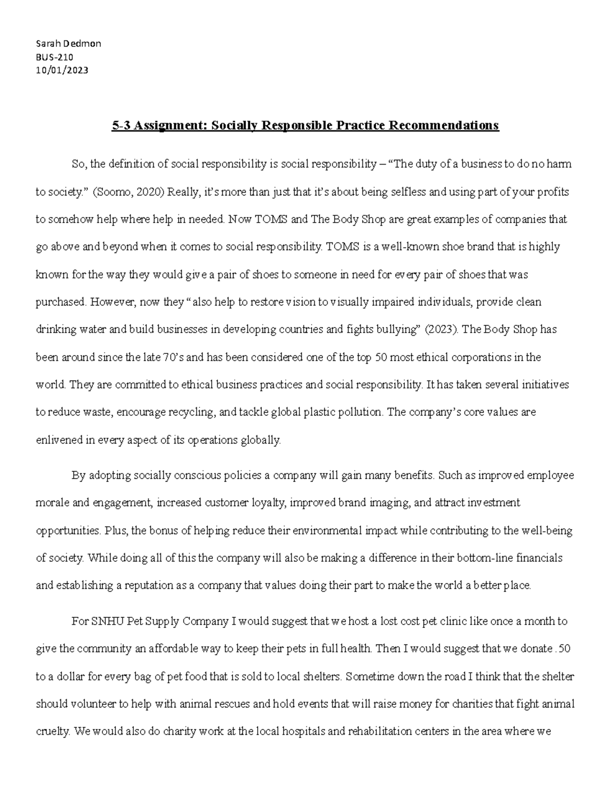 BUS-210 Module 5-3 Journal - Sarah Dedmon BUS- 10/01/ 5-3 Assignment ...