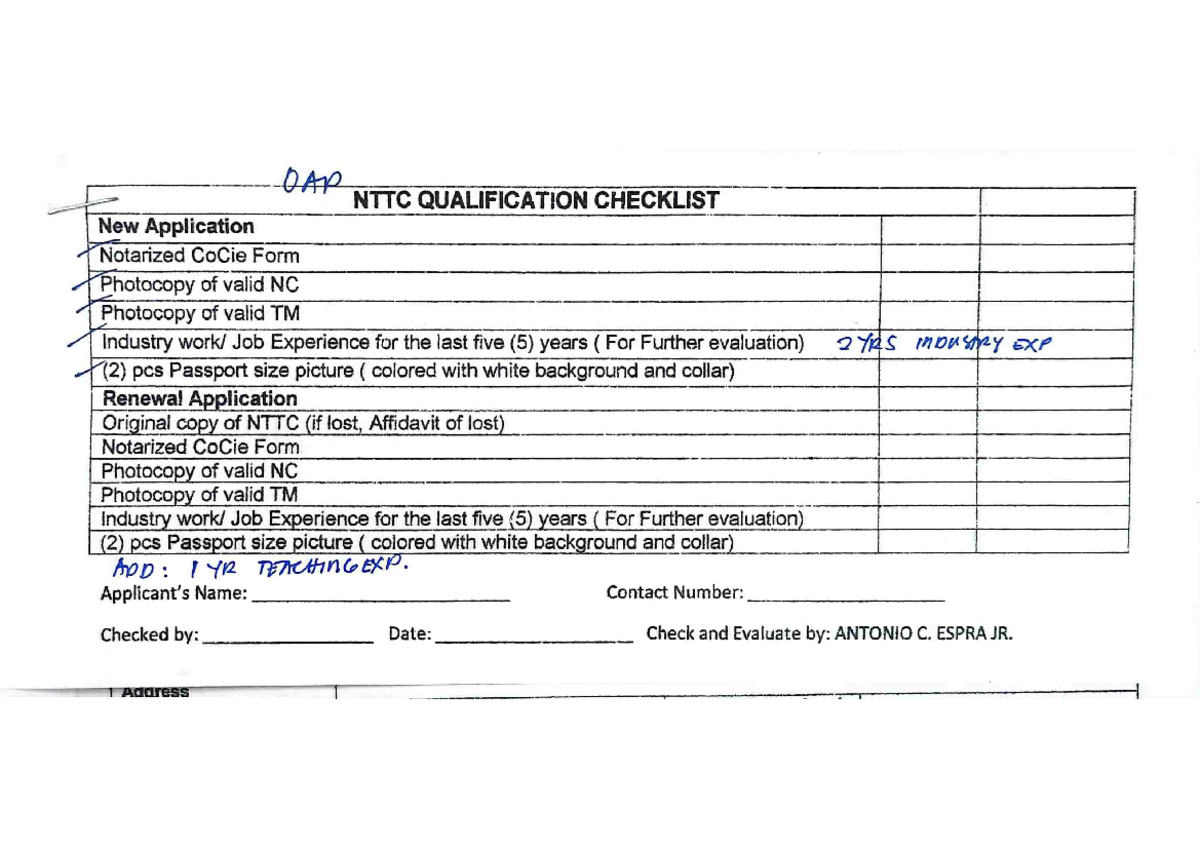 OAP Form A - Form A - OAP NTTC QUALIFICATION CHECKLIST New Application ...