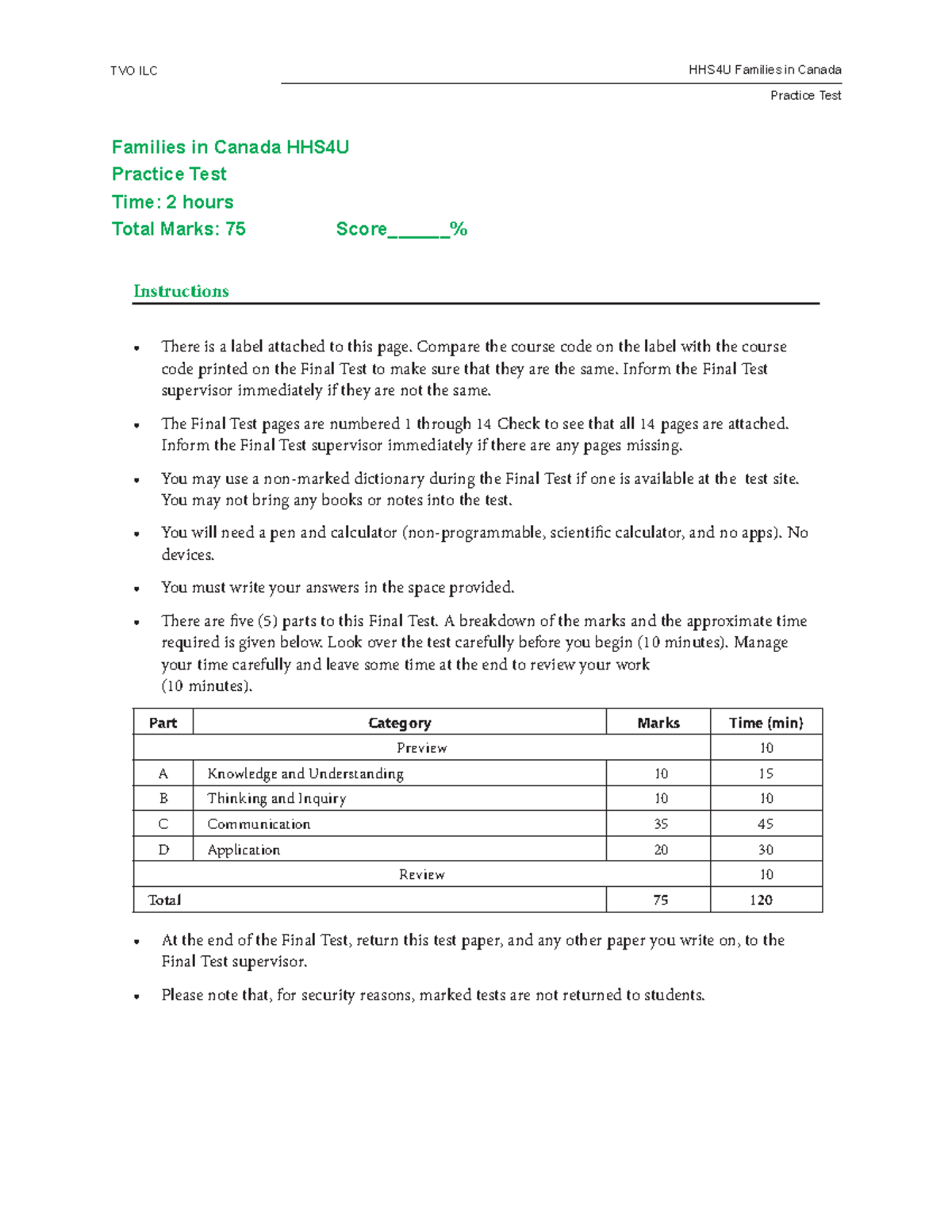 Hhs4u practice test - Families in Canada HHS4U Practice Test Time: 2 ...