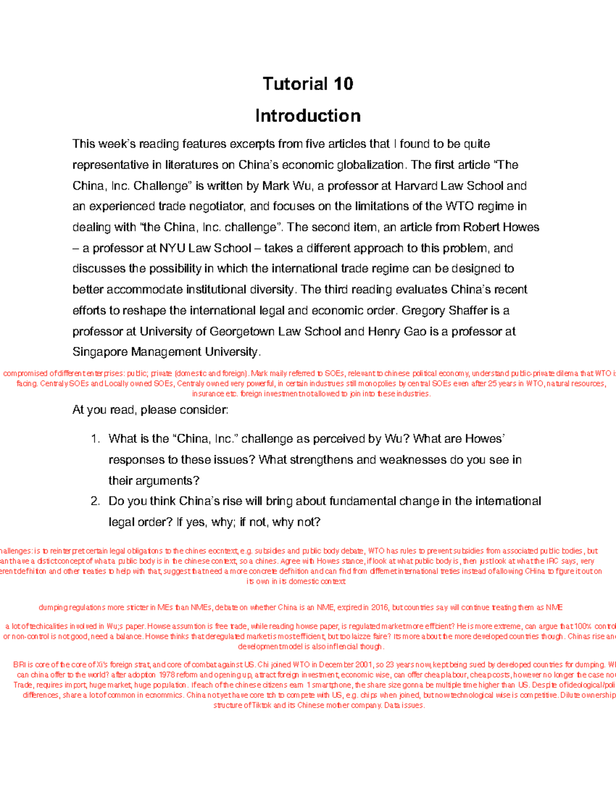 Class 10 Tutorial Notes - Tutorial 10 Introduction This week’s reading ...