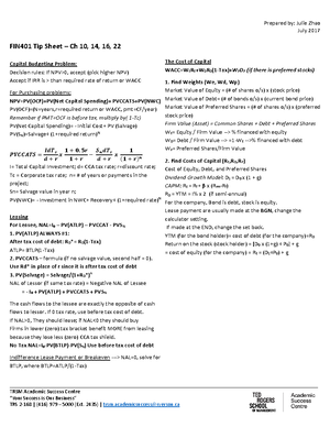 Final Cheat Sheet FIN401 - Ch: 10 NPV =? NPV = PV(OCF) + PV(NCS ...