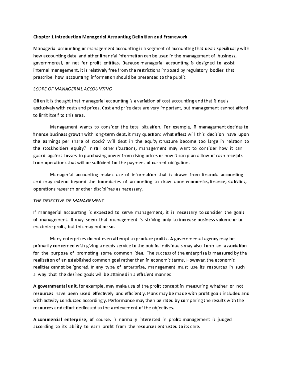 Chapter 1 Introduction Managerial Accounting Definition and Framework ...