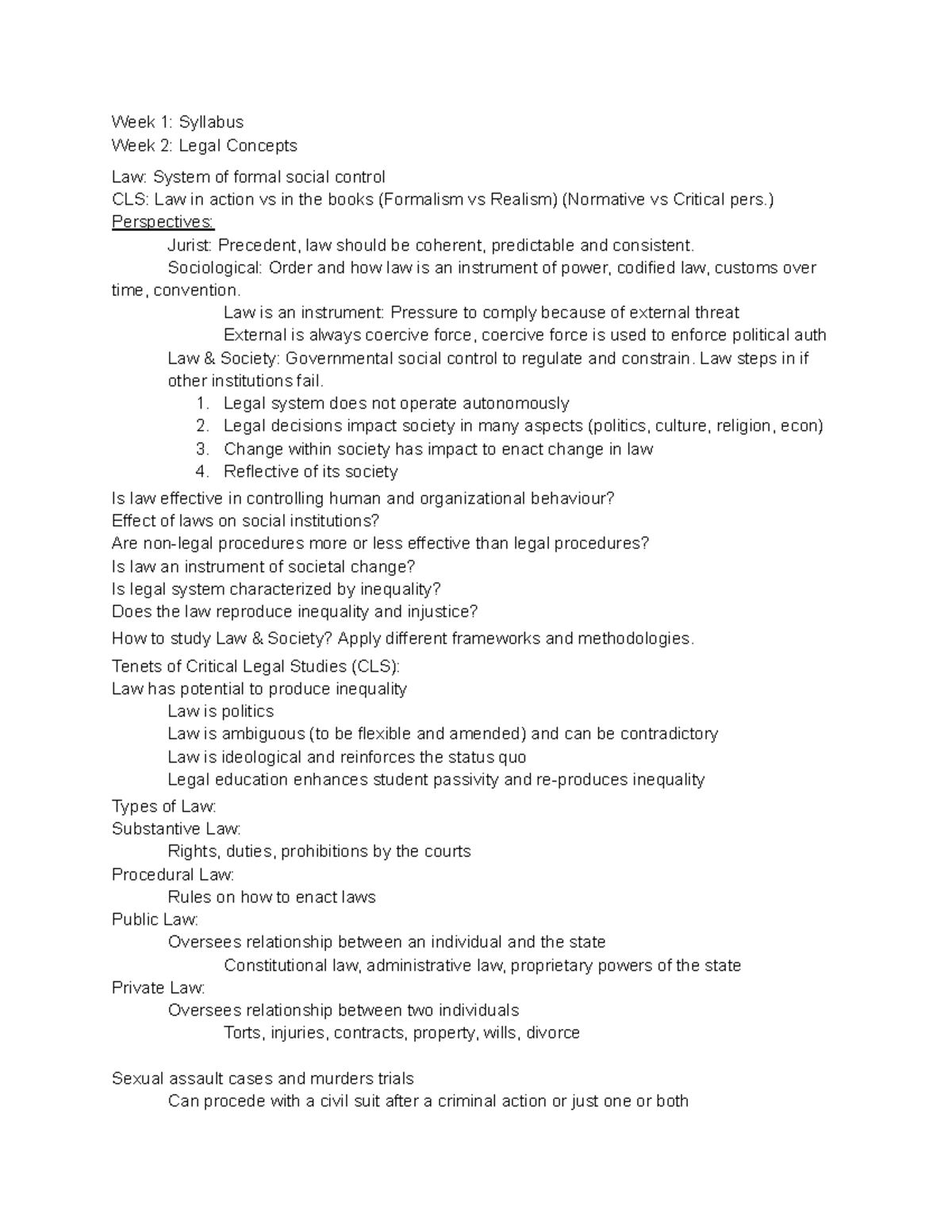 LS101 Week 2 Notes - Week 1: Syllabus Week 2: Legal Concepts Law ...