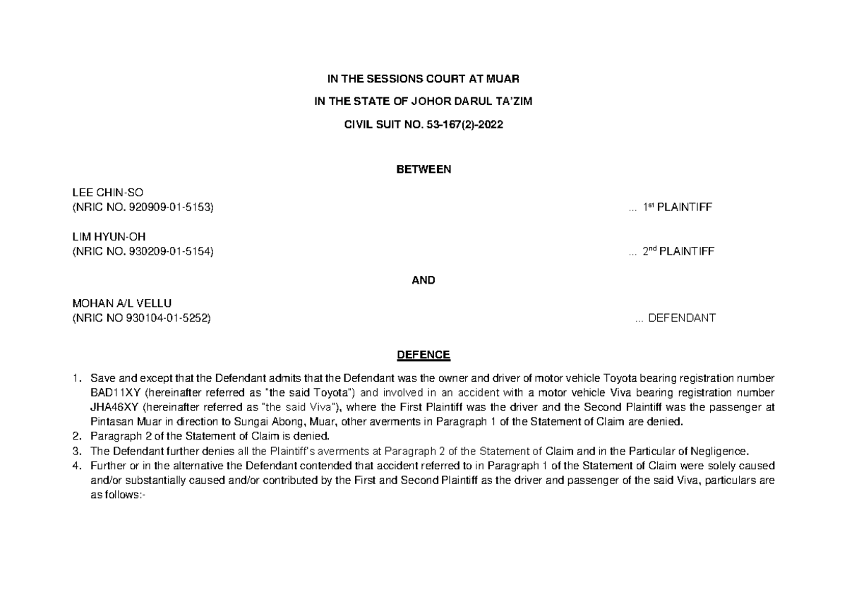 Statement of Defence - Notice of application for civil procedure ...