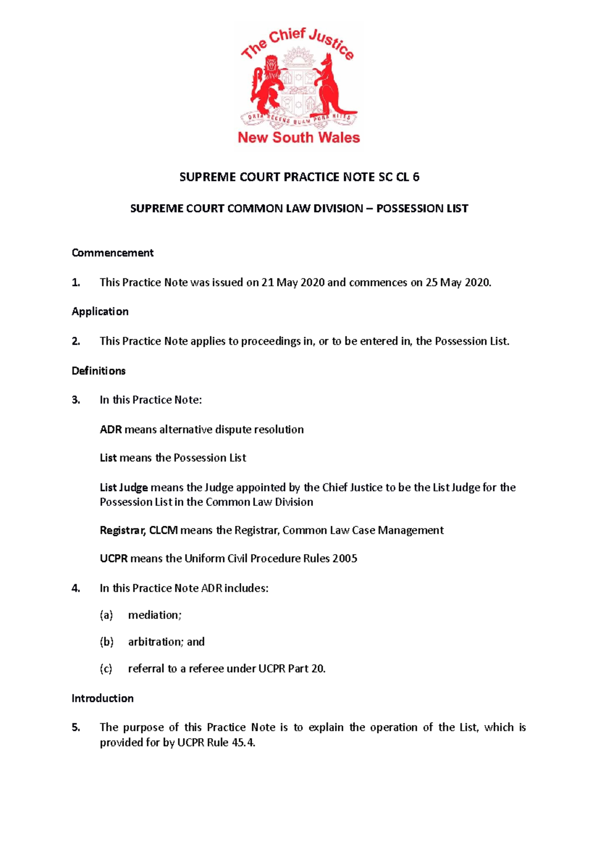 PN SC CL 6 - possesion list - SUPREME COURT PRACTICE NOTE SC CL 6 ...